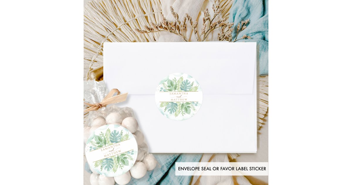 Elegant Blue Green Watercolor, Greenery Wedding Classic Round Sticker ...
