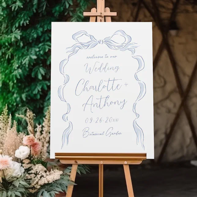 Elegant Blue Hand Drawn Bow Wedding Welcome Sign | Zazzle