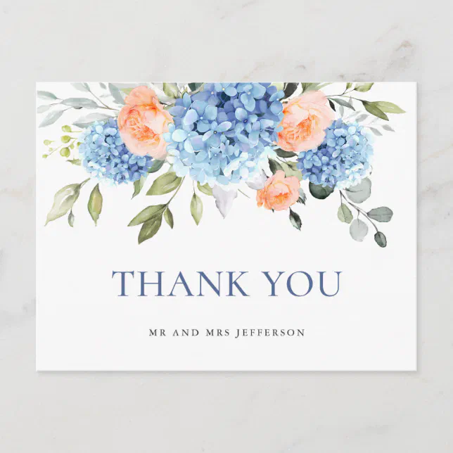Elegant Blue Hydrangea Blush Pink Roses Thank You Postcard | Zazzle