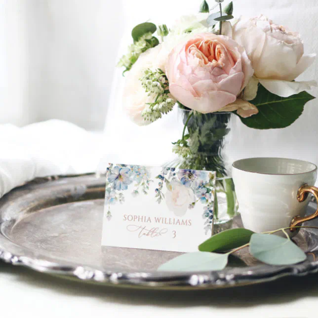 Elegant Blue Hydrangea & Blush Wedding Place Card | Zazzle