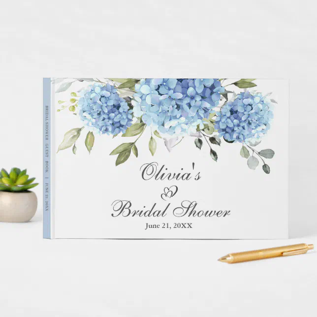 Elegant Blue Hydrangea Eucalyptus Bridal Shower Guest Book | Zazzle