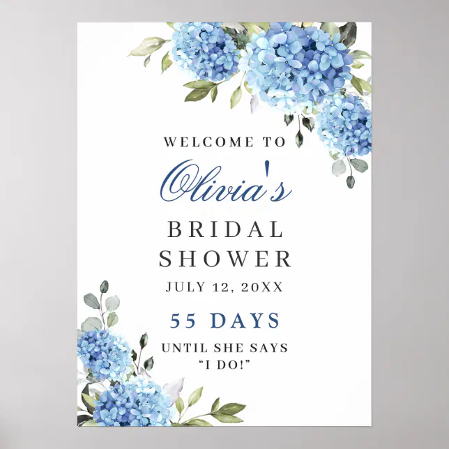 Elegant Blue Hydrangea Eucalyptus Bridal Shower Poster | Zazzle