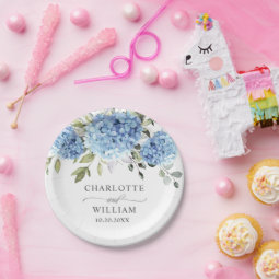 Elegant Blue Hydrangea Eucalyptus Wedding Paper Plates | Zazzle