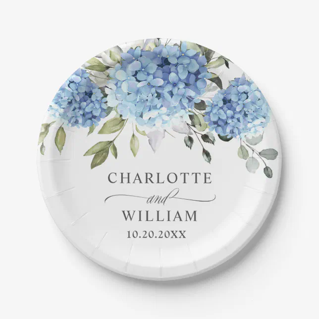 Elegant Blue Hydrangea Eucalyptus Wedding Paper Plates | Zazzle