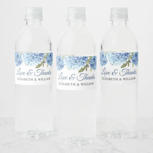 Elegant Blue Hydrangea Eucalyptus Wedding Water Bottle Label | Zazzle