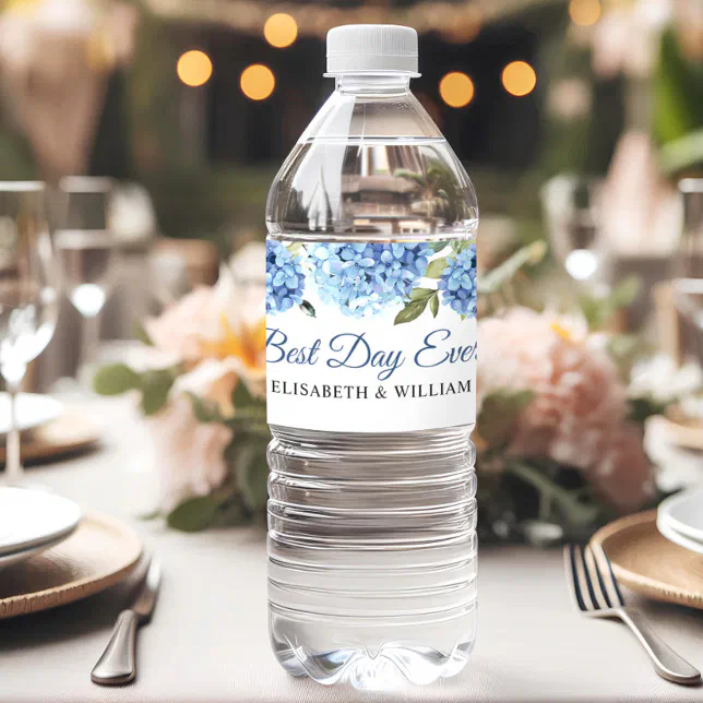 Elegant Blue Hydrangea Eucalyptus Wedding Water Bottle Label | Zazzle