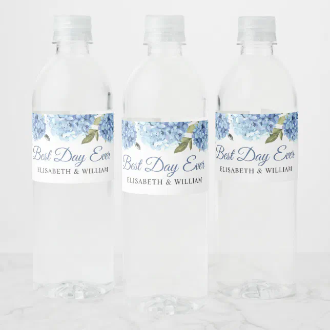 Elegant Blue Hydrangea Eucalyptus Wedding Water Bottle Label | Zazzle