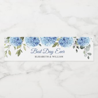 Elegant Blue Hydrangea Eucalyptus Wedding Water Bottle Label | Zazzle