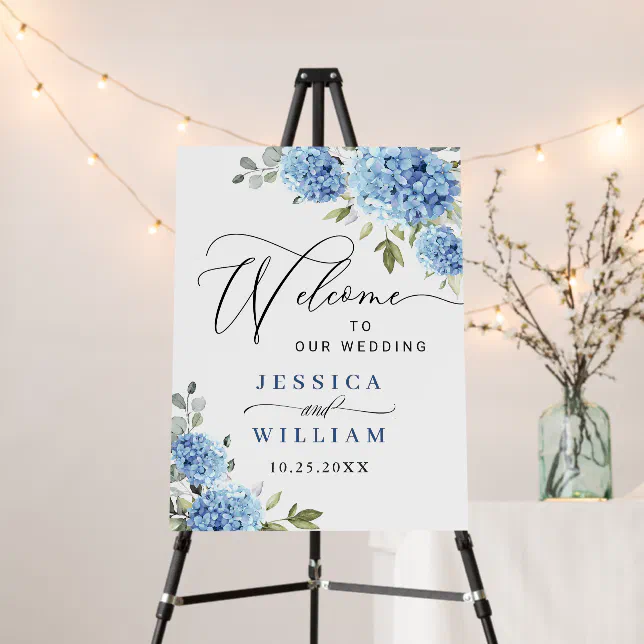 Elegant Blue Hydrangea Eucalyptus WEDDING Welcome Foam Board | Zazzle