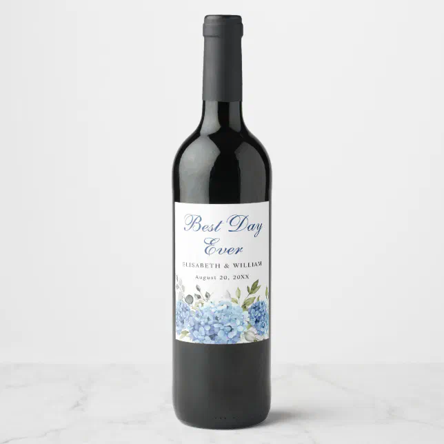 Elegant Blue Hydrangea Eucalyptus Wedding Wine Label | Zazzle