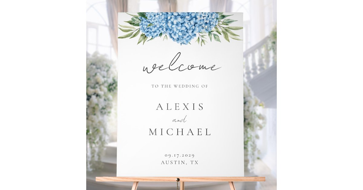 Elegant Blue Hydrangea Floral Wedding Acrylic Sign | Zazzle