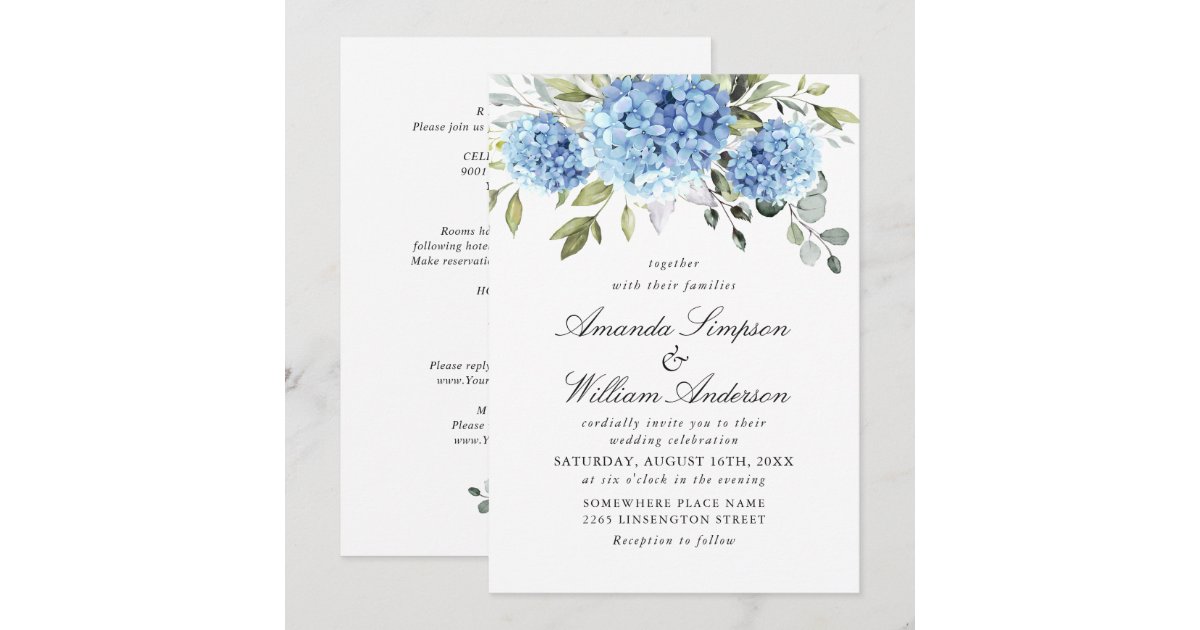 Elegant Blue Hydrangea Floral Wedding All In One Invitation | Zazzle
