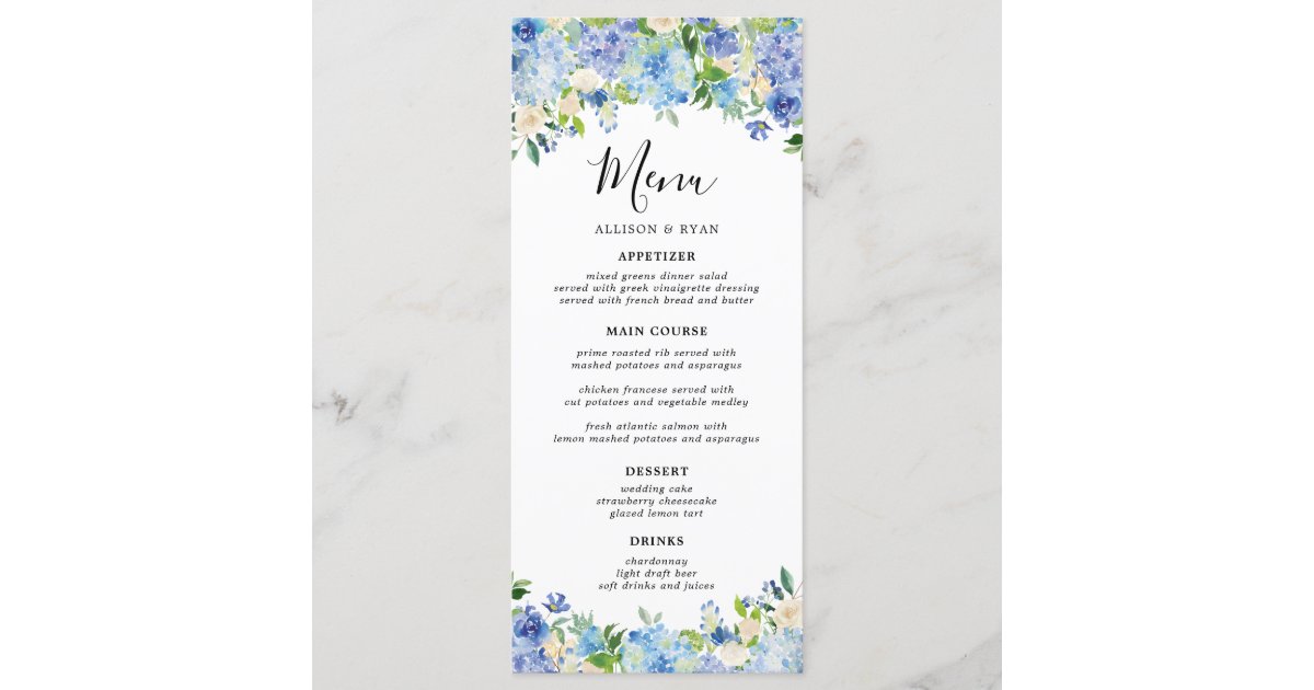 Elegant Blue Hydrangea Floral Wedding Menus | Zazzle