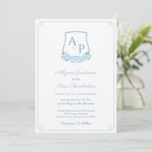 Elegant Blue Hydrangea Monogram Crest Wedding Invitation | Zazzle