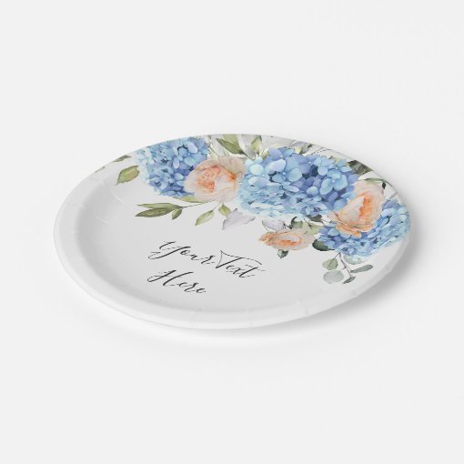 Elegant Blue Hydrangea Pink Blush Roses Party Paper Plates | Zazzle