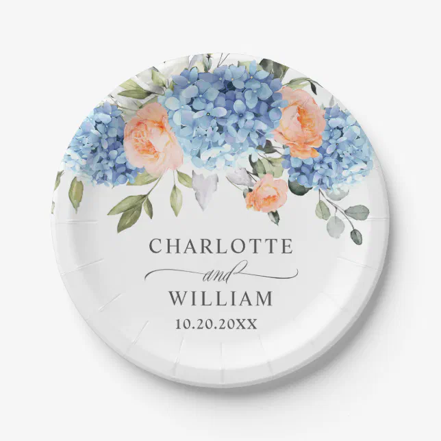 Elegant Blue Hydrangea Pink Blush Roses Wedding Paper Plates | Zazzle