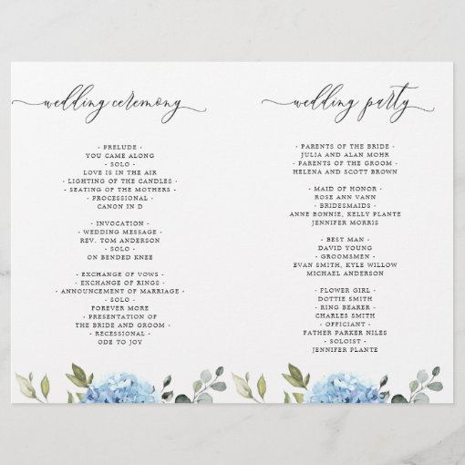 Elegant Blue Hydrangea Wedding Ceremony Program | Zazzle