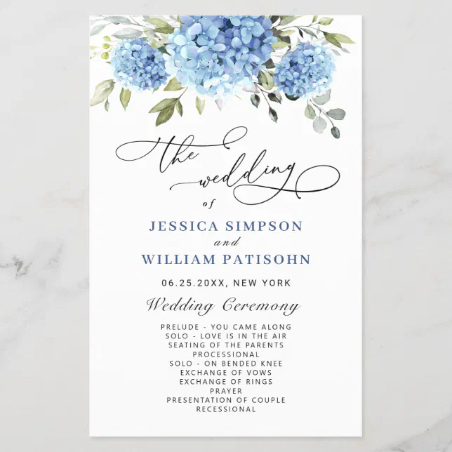 Elegant Blue Hydrangea Wedding Ceremony Program | Zazzle