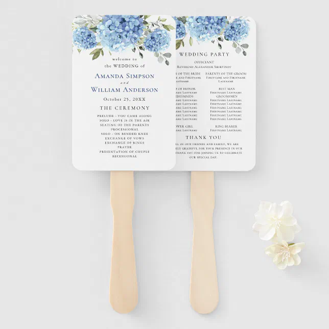 Elegant Blue Hydrangea Wedding Ceremony Program Hand Fan | Zazzle