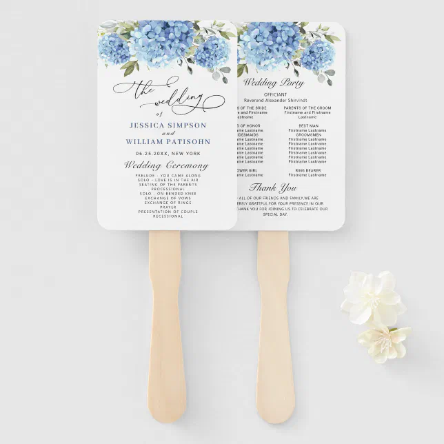 Elegant Blue Hydrangea Wedding Ceremony Program Hand Fan | Zazzle