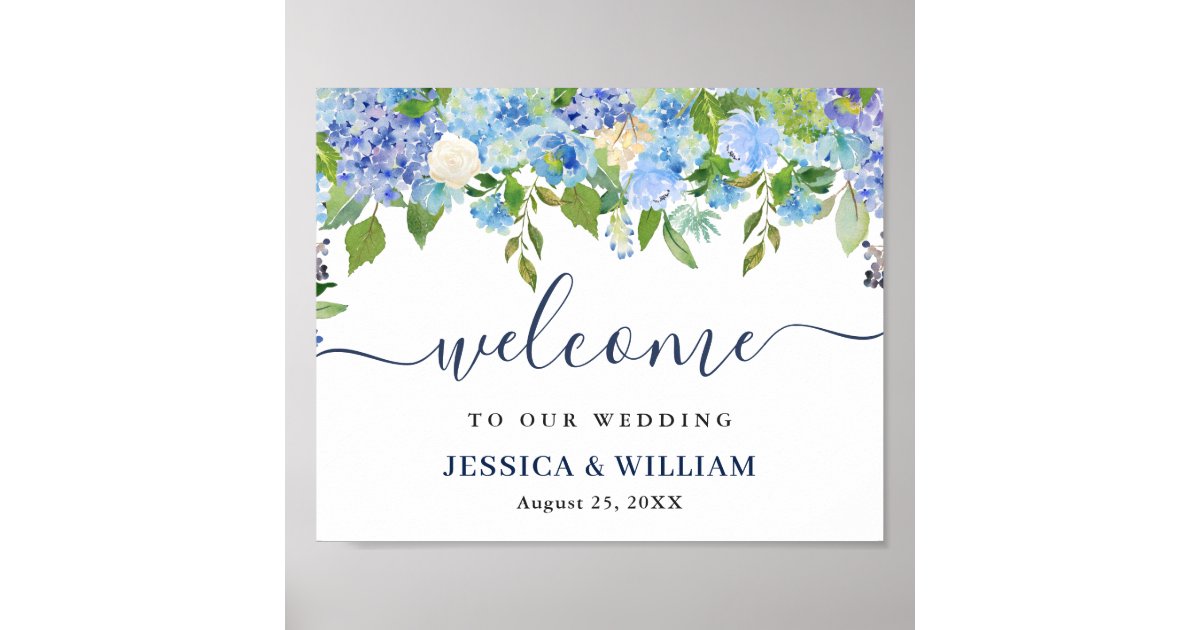 Elegant Blue Hydrangea Wedding Welcome Sign | Zazzle
