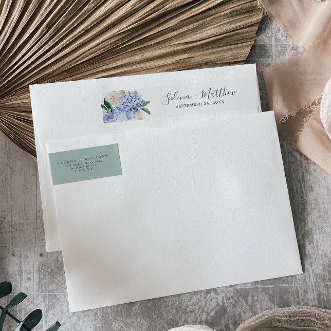 Elegant Blue Hydrangea Wedding Wrap Around Label | Zazzle