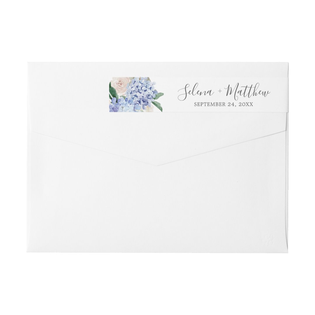 Elegant Blue Hydrangea Wedding Wrap Around Label | Zazzle