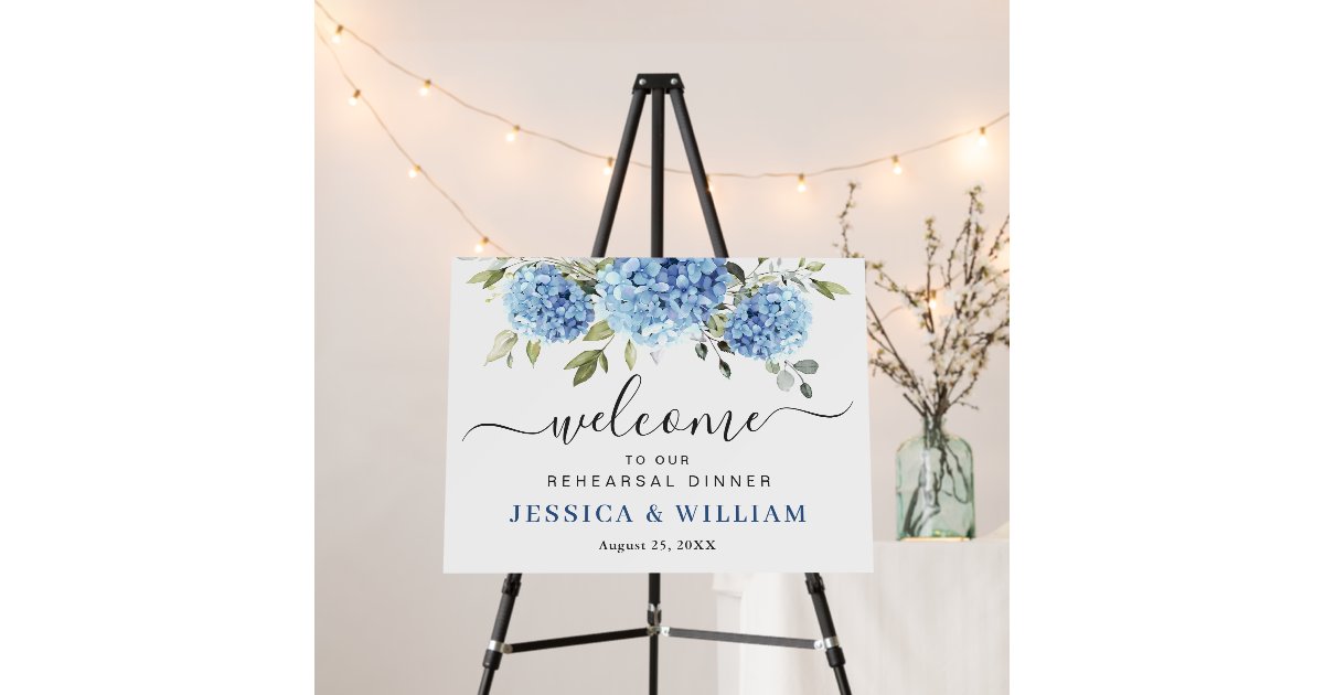 Elegant Blue Hydrangea Welcome REHEARSAL DINNER Foam Board | Zazzle