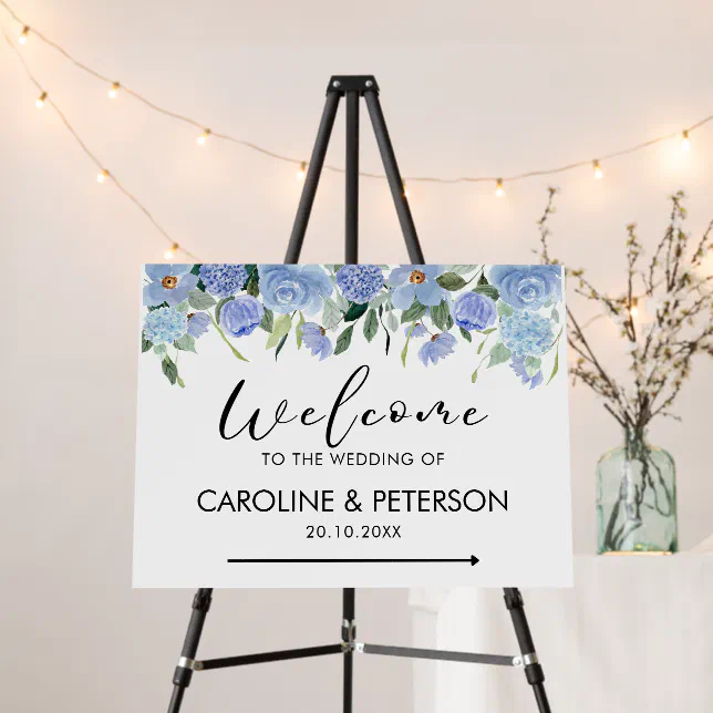 Elegant Blue Hydrangea Welcome Wedding Party Event Foam Board | Zazzle