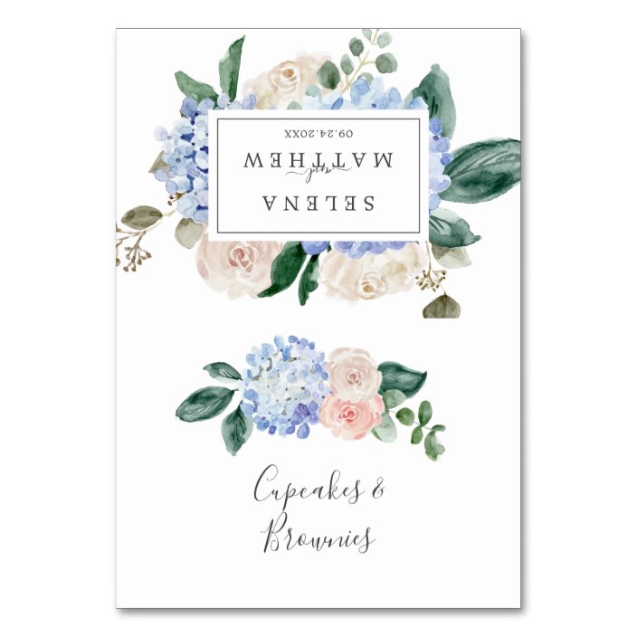 Elegant Blue Hydrangea | White Buffet Food Labels Table Number | Zazzle.com