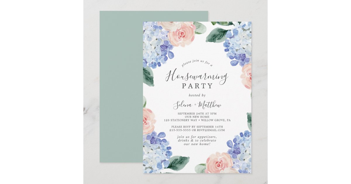Elegant Blue Hydrangea | White Housewarming Party Invitation | Zazzle