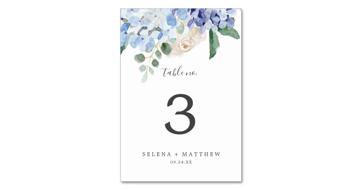 Elegant Blue Hydrangea | White Table Number | Zazzle