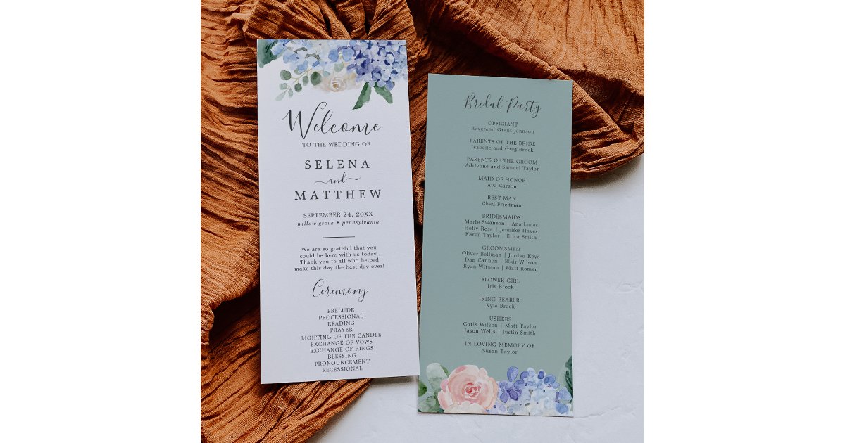 Elegant Blue Hydrangea | White Wedding Program | Zazzle