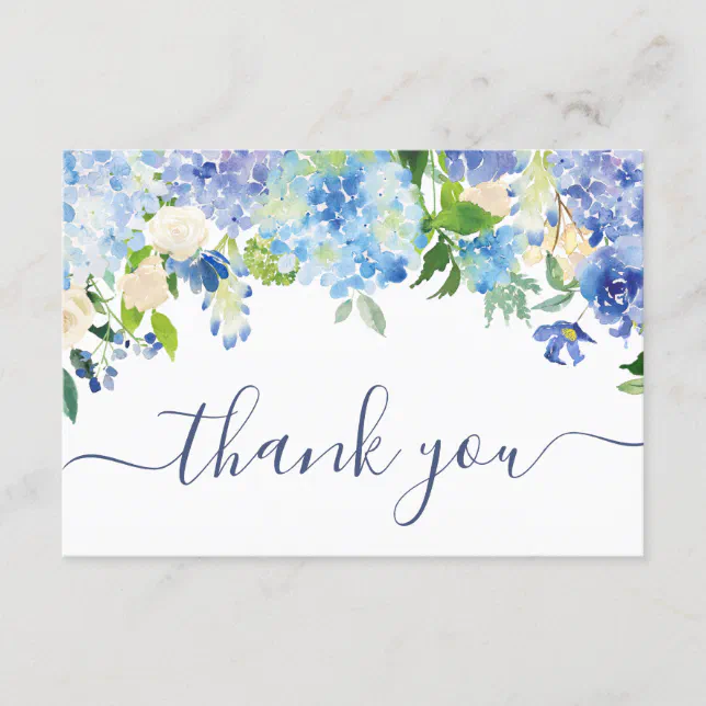 Elegant Blue Hydrangeas Greenery Wedding Floral Thank You Card | Zazzle