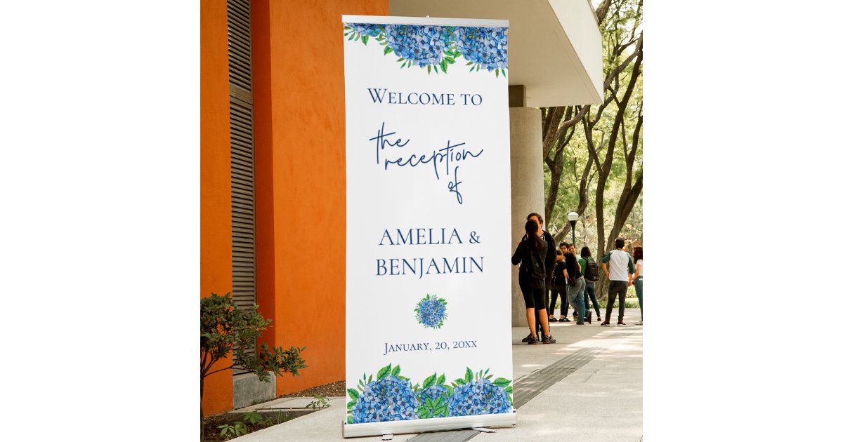 Elegant Blue Hydrangeas Wedding Reception Welcome Retractable Banner ...