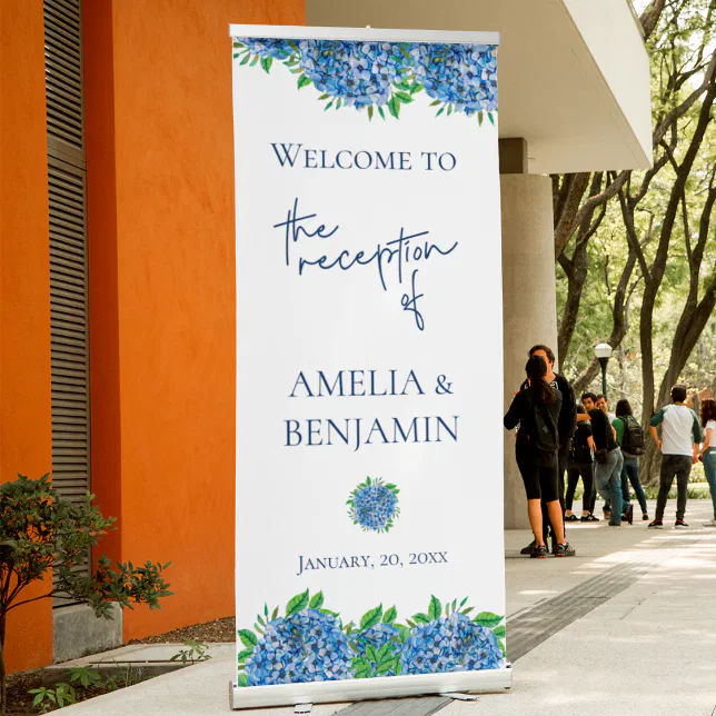 Elegant Blue Hydrangeas Wedding Reception Welcome Retractable Banner ...