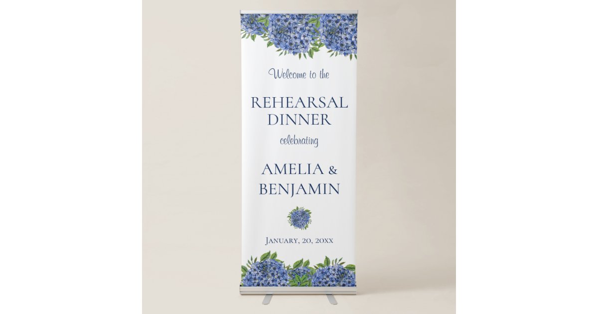 Elegant Blue Hydrangeas Wedding Rehearsal Dinner Retractable Banner ...