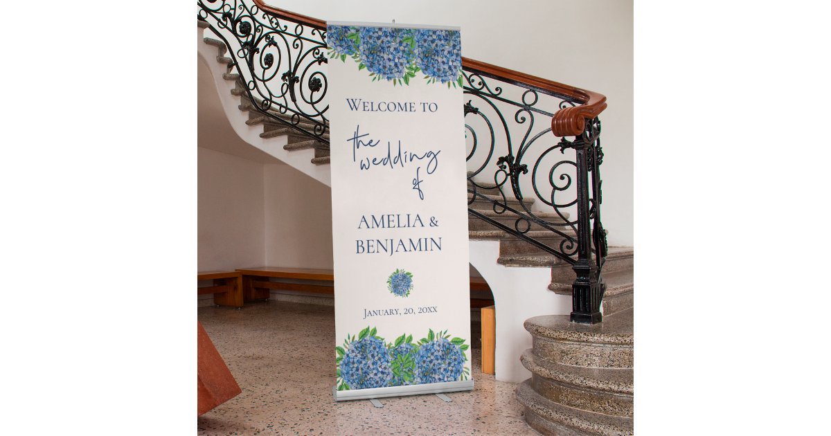 Elegant Blue Hydrangeas Wedding Welcome Retractable Banner | Zazzle