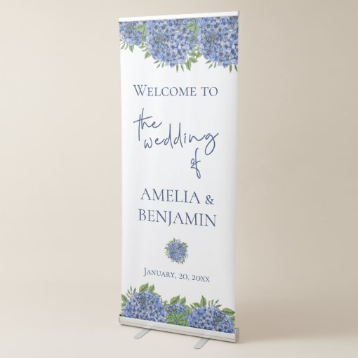 Elegant Blue Hydrangeas Wedding Welcome Retractable Banner | Zazzle