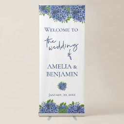 Elegant Blue Hydrangeas Wedding Welcome Retractable Banner | Zazzle