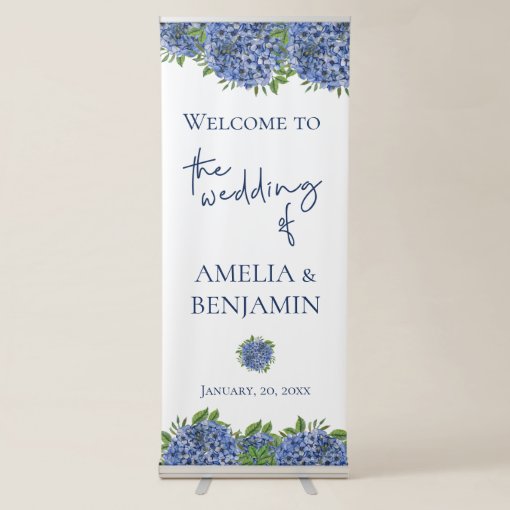 Elegant Blue Hydrangeas Wedding Welcome Retractable Banner | Zazzle