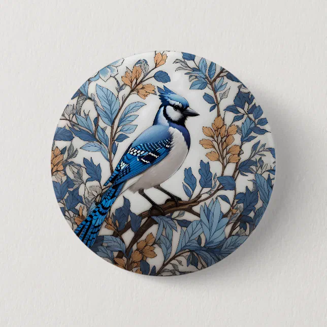 Elegant Blue Jay William Morris Inspired Button | Zazzle