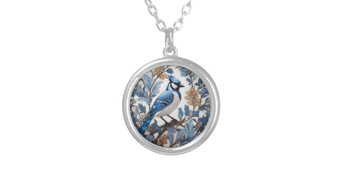 Elegant Blue Jay William Morris Inspired Silver Plated Necklace | Zazzle