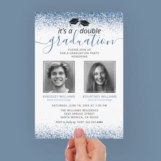 Elegant Blue Joint Graduation Photo Invitation | Zazzle
