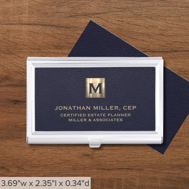 Elegant Blue Leather Gold Initial Logo Business Card Case | Zazzle