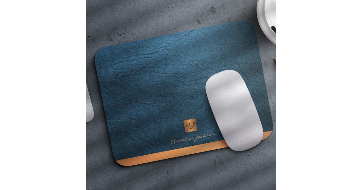 Elegant blue leather gold initial monogrammed mouse pad | Zazzle