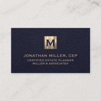Elegant Blue Leather Luxury Gold Initial Logo Business Card | Zazzle