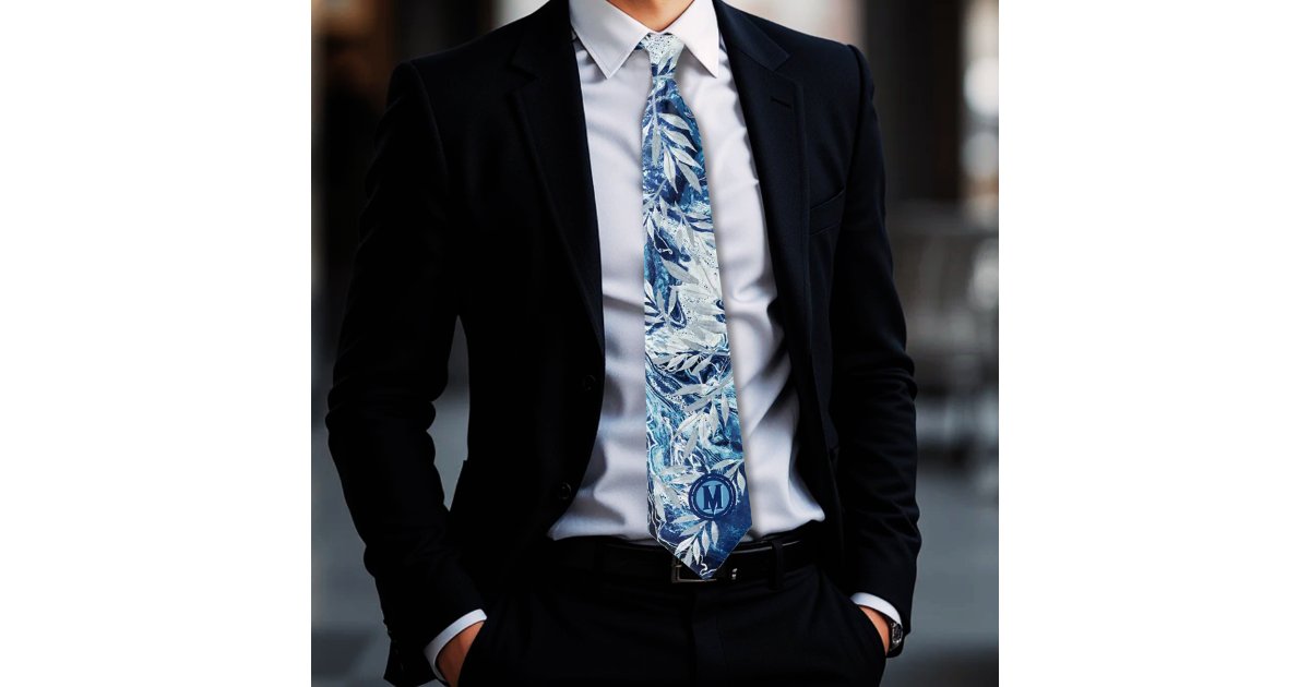 Elegant Blue Light Reflection Monogram Neck Tie | Zazzle