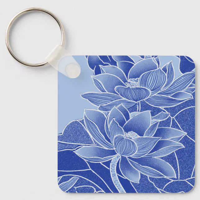 Elegant Blue Lotus Flowers Mandala Chinoiserie Keychain | Zazzle