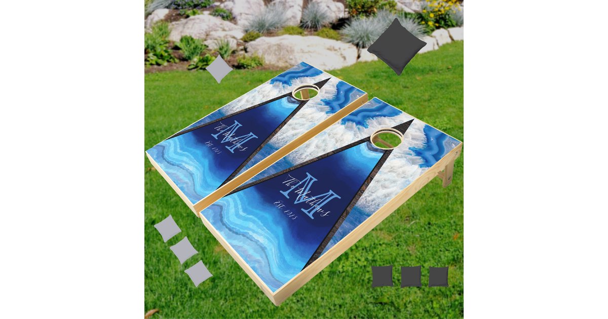 Elegant Blue Marble Geode Family Monogram Cornhole Set | Zazzle